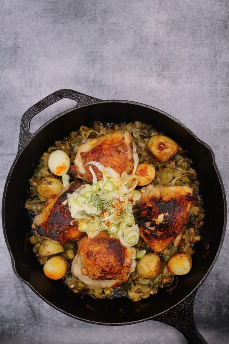 One-Skillet Crispy Chicken Thighs with Harissa - Felly Bull