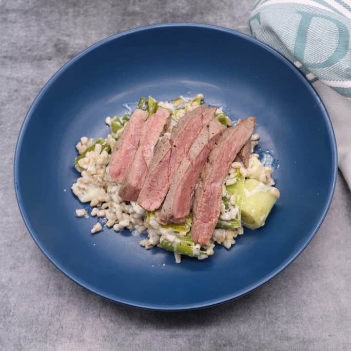 Lamb Steaks with Leek and Barley Risotto - Felly Bull