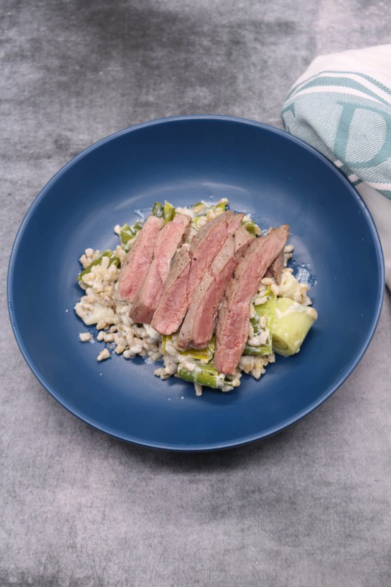 Lamb Steaks with Leek and Barley Risotto - Felly Bull
