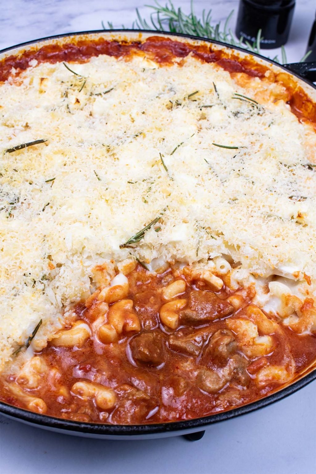 Lamb and Rosemary Mac with Pecorino and Feta Crumb Topping - Felly Bull