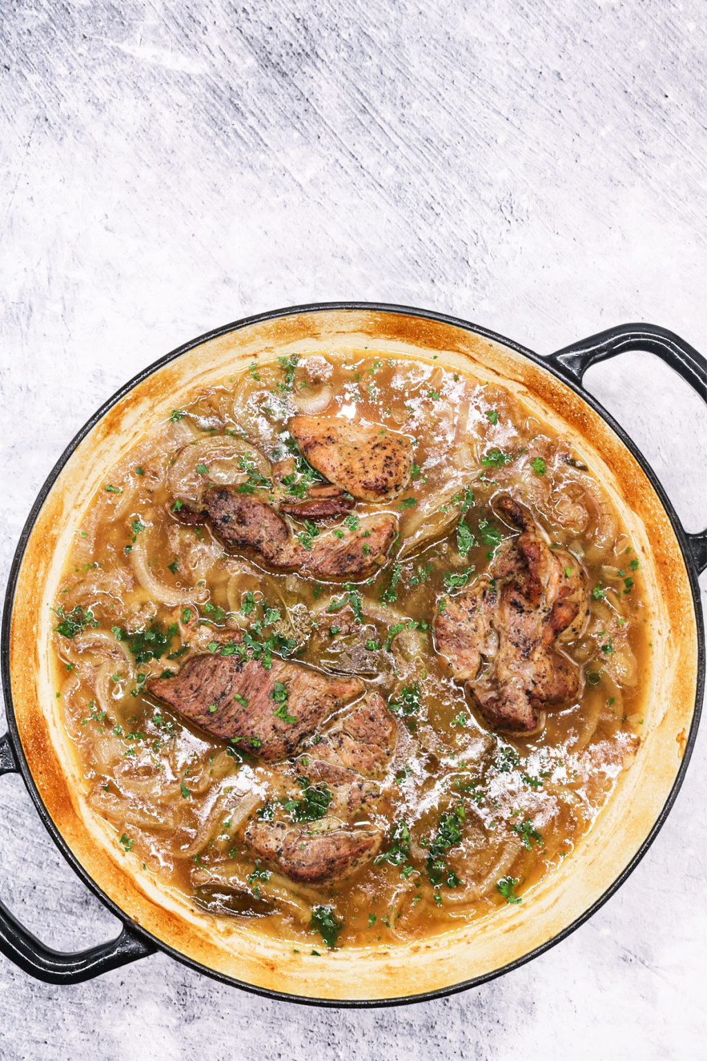 Cider Braised Pork Steaks with Onions - Felly Bull